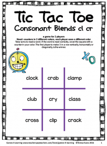 Tic Tac Toe Consonant Blends cl cr - SchoolhouseTeachers.com