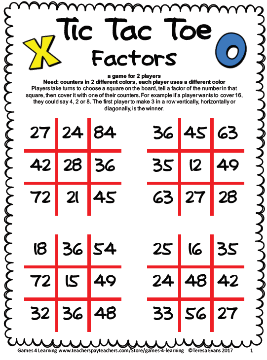 Tic Tac Toe Factors - SchoolhouseTeachers.com
