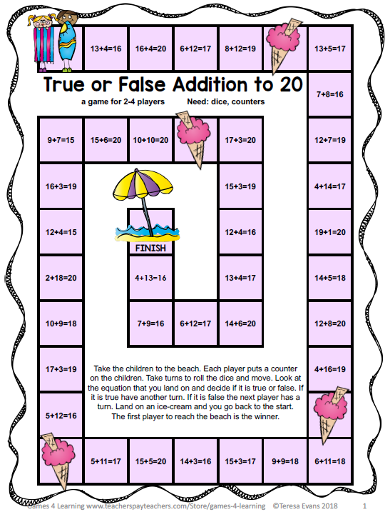 True or False Addition to 20 - SchoolhouseTeachers.com