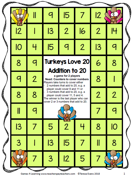 Turkeys Love 20 – Addition to 20 - SchoolhouseTeachers.com