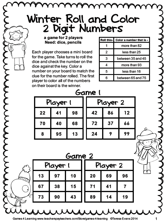 Winter Roll and Color 2 Digit Numbers - SchoolhouseTeachers.com